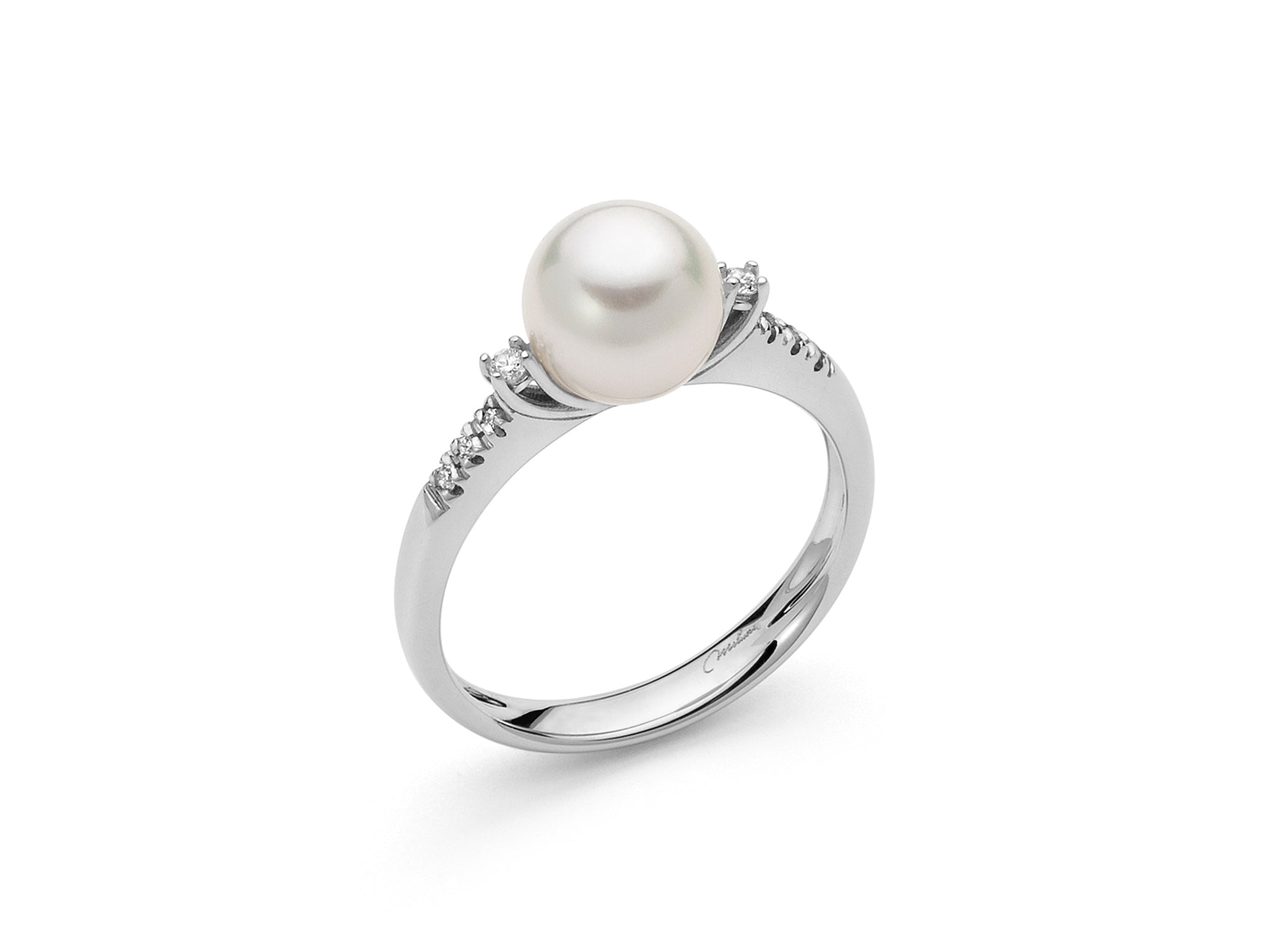 Anello con perla Akoya e diamanti in oro bianco - Miluna